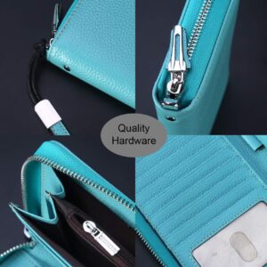 Lavemi Women's RFID Blocking 100% Leather Large Capacity Zip Around Wallet Phone Holder Clutch Travel Purse Wristlet(Large Size Pebbled Tiffany Blue)