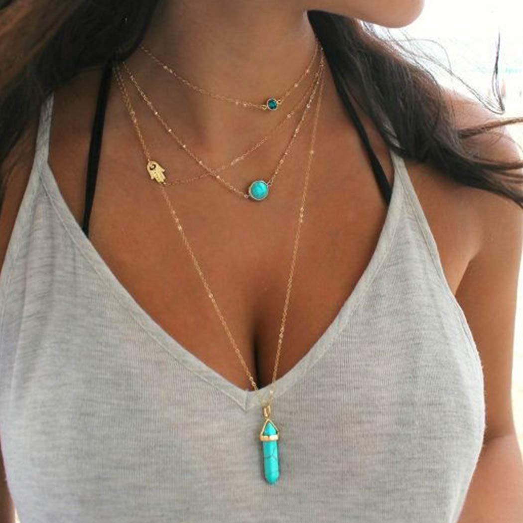 Boaccy Boho Layered Turquoise Pendant Necklace Crystal Necklaces Hand of Fatima Necklace Chain Gold Jewelry for Women and Girls