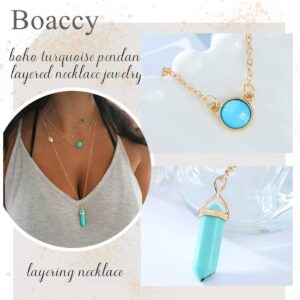 Boaccy Boho Layered Turquoise Pendant Necklace Crystal Necklaces Hand of Fatima Necklace Chain Gold Jewelry for Women and Girls