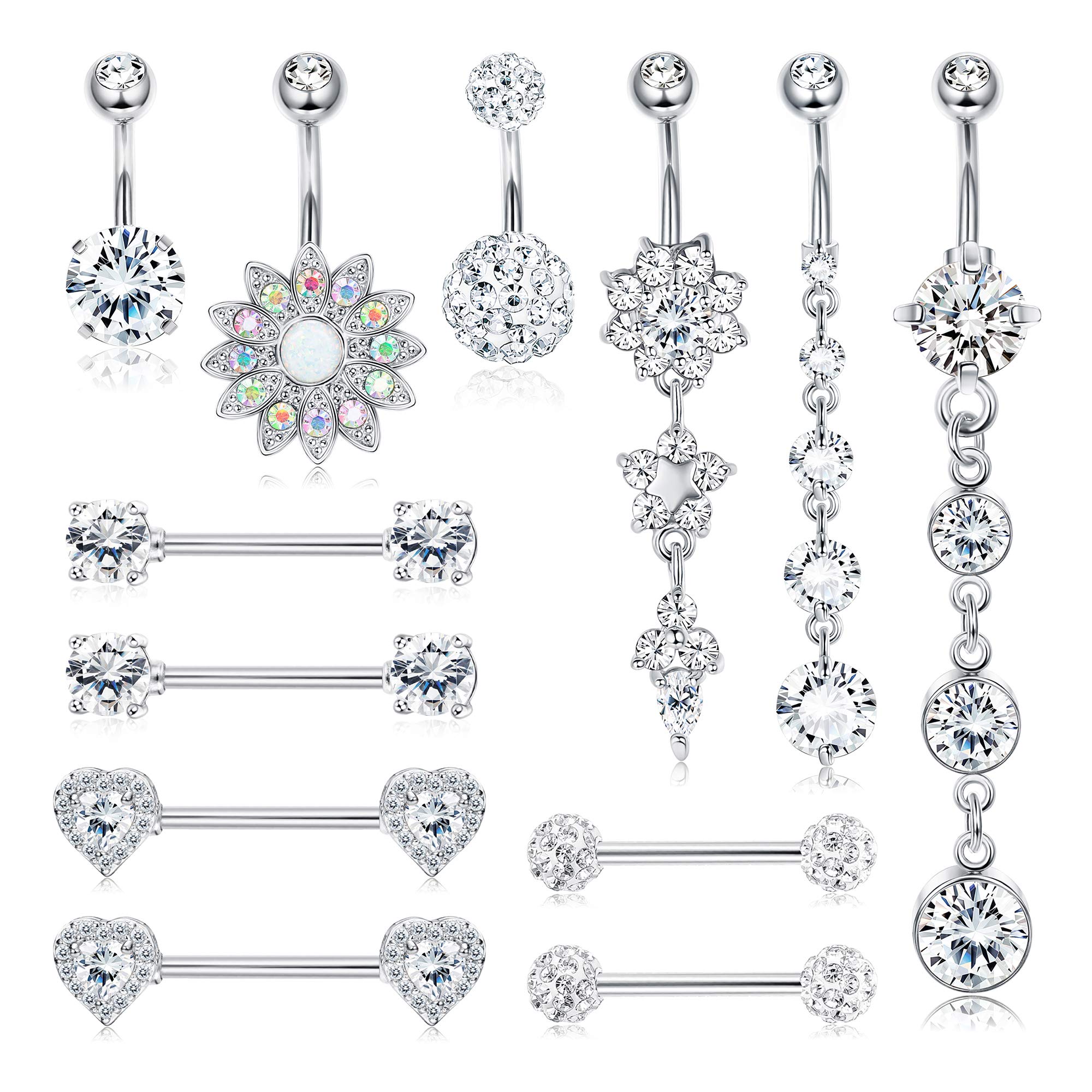 JOERICA Silver Tone Nipple Rings Belly Button Rings for Women 14G Stainless Steel Nipplerings Belly Navel Piercing Jewelry