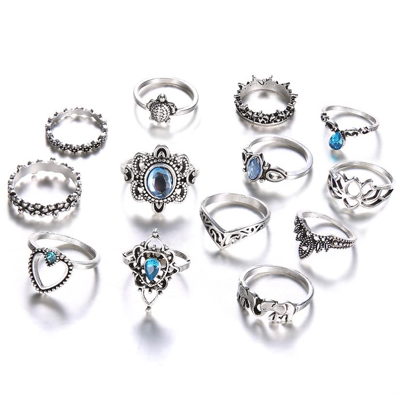 Aceorna Boho Crystal Joint Knuckle Rings Silver Flower Turtle Midi Stackable Finger Rings Set Jewelry for Women 13PCS