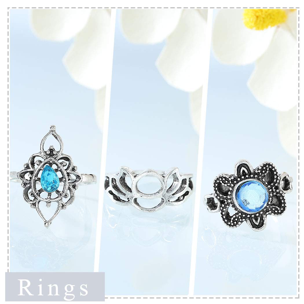 Aceorna Boho Crystal Joint Knuckle Rings Silver Flower Turtle Midi Stackable Finger Rings Set Jewelry for Women 13PCS