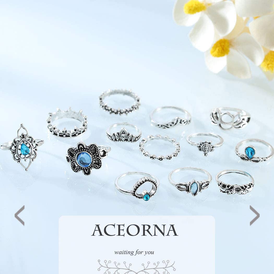 Aceorna Boho Crystal Joint Knuckle Rings Silver Flower Turtle Midi Stackable Finger Rings Set Jewelry for Women 13PCS