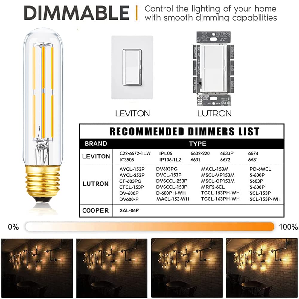 T10 Led Bulb,Dimmable 6W Led Tubular Bulbs, Soft White 3000K, 60 Watt Incandescent Bulb Equivalent, 3000K Soft White, Clear Glass, E26 Base Lamp Bulb, for Cabinet Display Cabinet etc,3 Pack.