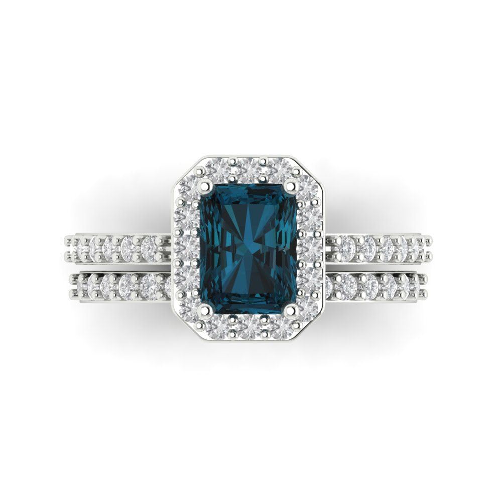 Clara Pucci 2.20ct Emerald Cut Halo Solitaire London Blue Topaz Engagement Promise Anniversary Bridal Ring Band set 14k White Gold 4.5