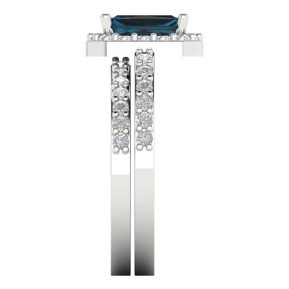 Clara Pucci 2.20ct Emerald Cut Halo Solitaire London Blue Topaz Engagement Promise Anniversary Bridal Ring Band set 14k White Gold 4.5