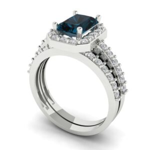 Clara Pucci 2.20ct Emerald Cut Halo Solitaire London Blue Topaz Engagement Promise Anniversary Bridal Ring Band set 14k White Gold 4.5