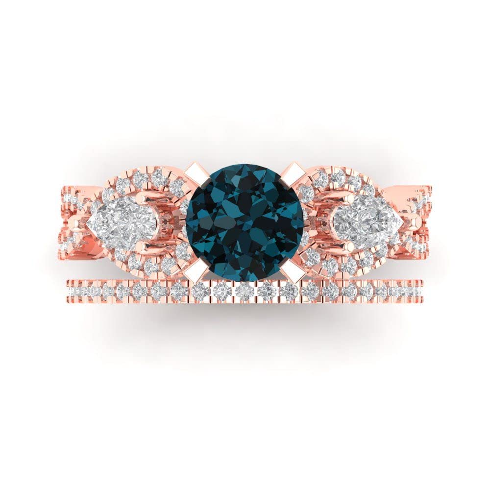 Clara Pucci 2ct Round Cut Solitaire 3 stone Natural London Blue Topaz Engagement Promise Anniversary Bridal Ring Band set 14k Rose Gold 7