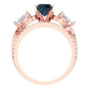 Clara Pucci 2ct Round Cut Solitaire 3 stone Natural London Blue Topaz Engagement Promise Anniversary Bridal Ring Band set 14k Rose Gold 7