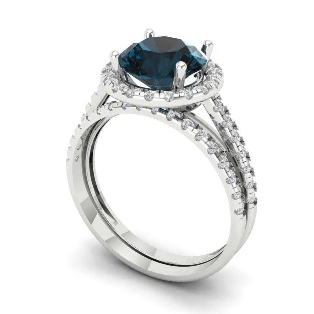 Clara Pucci 2.72ct Round Cut Halo Solitaire London Blue Topaz Engagement Promise Anniversary Bridal Ring Band set 14k White Gold 5.5