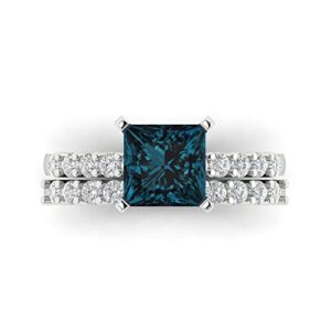 clara pucci 2.63ct princess cut pave solitaire with accent natural london blue topaz statement bridal ring band set 14k white gold 7.75