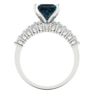 Clara Pucci 2.63ct Princess Cut Pave Solitaire with Accent Natural London Blue Topaz Statement Bridal Ring Band Set 14k White Gold 7.75