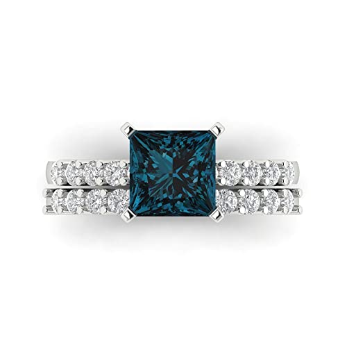 Clara Pucci 2.63ct Princess Cut Pave Solitaire with Accent Natural London Blue Topaz Statement Bridal Ring Band Set 14k White Gold 7.75