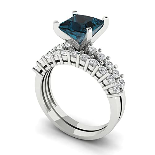 Clara Pucci 2.63ct Princess Cut Pave Solitaire with Accent Natural London Blue Topaz Statement Bridal Ring Band Set 14k White Gold 7.75