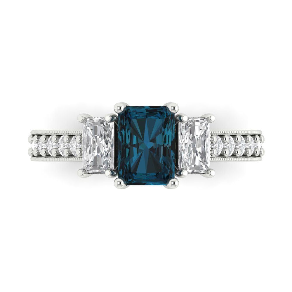 Clara Pucci 1.71ct Emerald Round Cut Solitaire 3 stone Accent Natural London Blue Topaz gemstone designer Modern Ring 14k White Gold