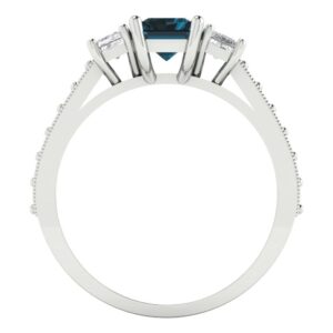 Clara Pucci 1.71ct Emerald Round Cut Solitaire 3 stone Accent Natural London Blue Topaz gemstone designer Modern Ring 14k White Gold