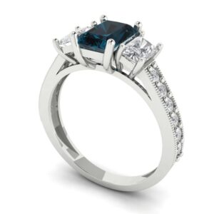 Clara Pucci 1.71ct Emerald Round Cut Solitaire 3 stone Accent Natural London Blue Topaz gemstone designer Modern Ring 14k White Gold