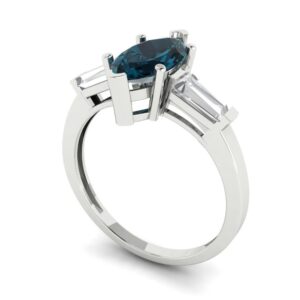 Clara Pucci 1.97ct Marquise Baguette cut 3 stone Solitaire Natural London Blue Topaz gemstone designer Modern Ring 14k White Gold