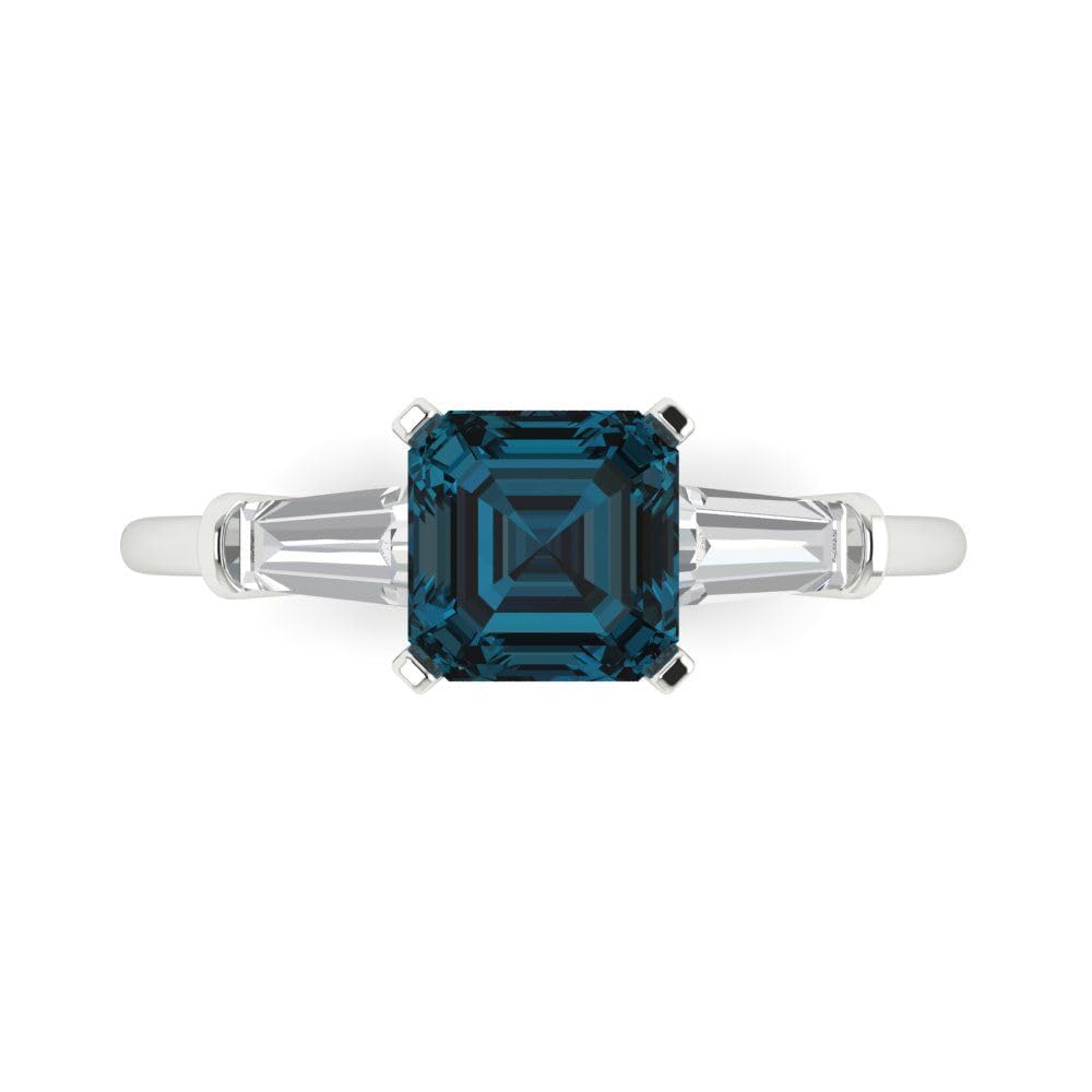 1.56ct SQ Emerald cut 3 stone Solitaire Royal Blue Topaz Wedding Bridal art deco Anniversary Ring 14k White Gold 9.25