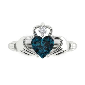 clara pucci 1.52ct heart cut irish celtic claddagh solitaire natural london blue topaz gemstone designer modern ring 14k white gold