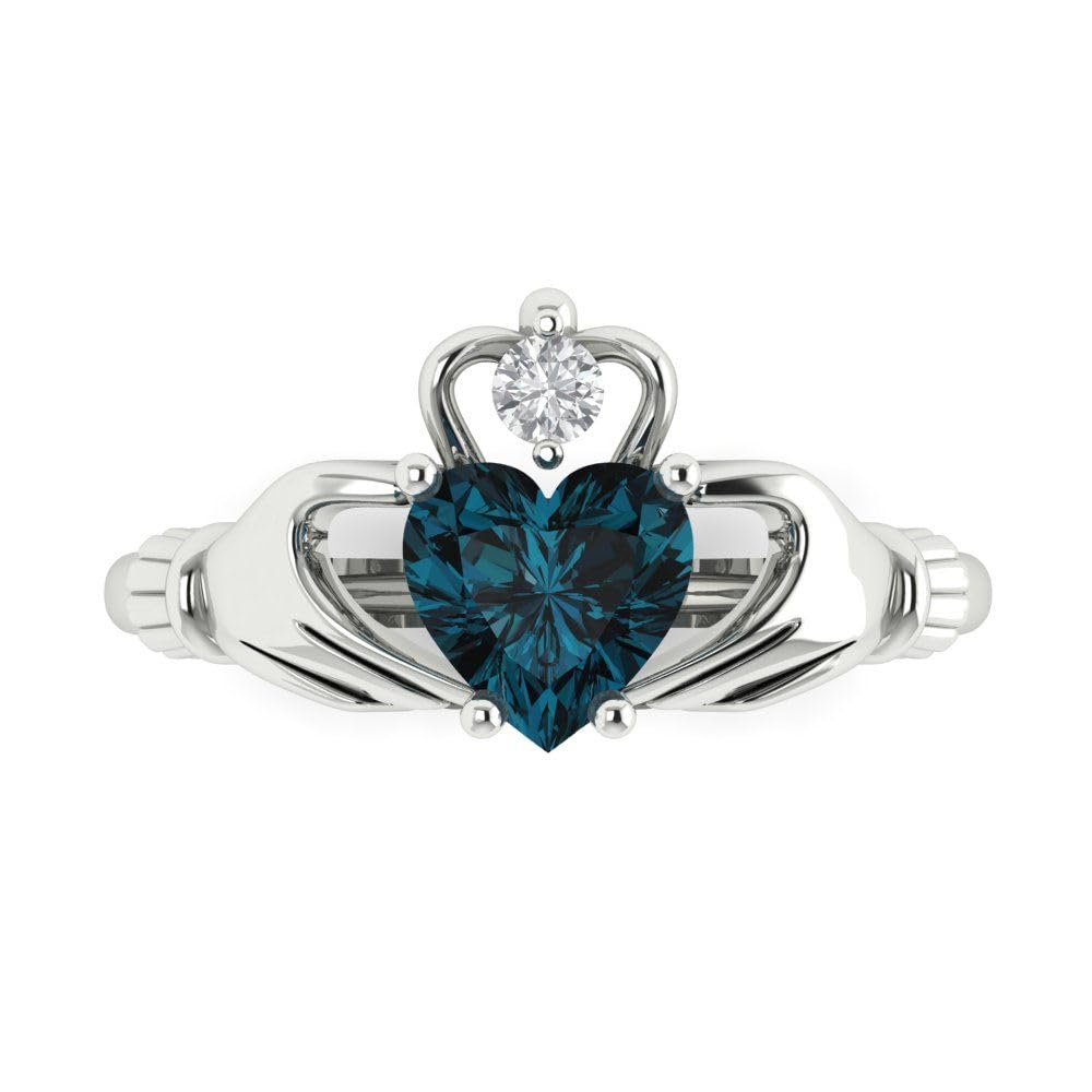 Clara Pucci 1.52ct Heart Cut Irish Celtic Claddagh Solitaire Natural London Blue Topaz gemstone designer Modern Ring 14k White Gold