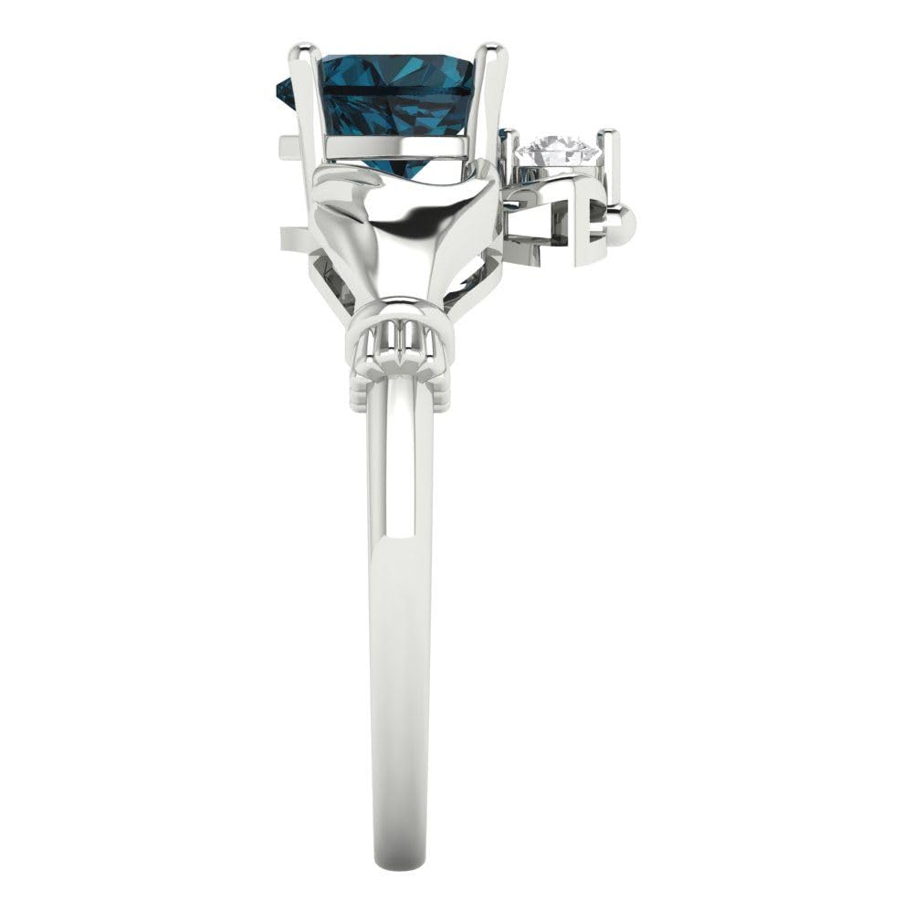 Clara Pucci 1.52ct Heart Cut Irish Celtic Claddagh Solitaire Natural London Blue Topaz gemstone designer Modern Ring 14k White Gold