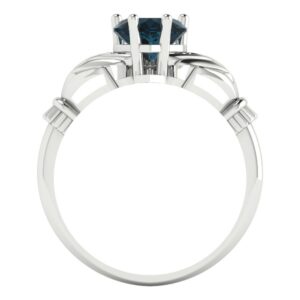 Clara Pucci 1.52ct Heart Cut Irish Celtic Claddagh Solitaire Natural London Blue Topaz gemstone designer Modern Ring 14k White Gold