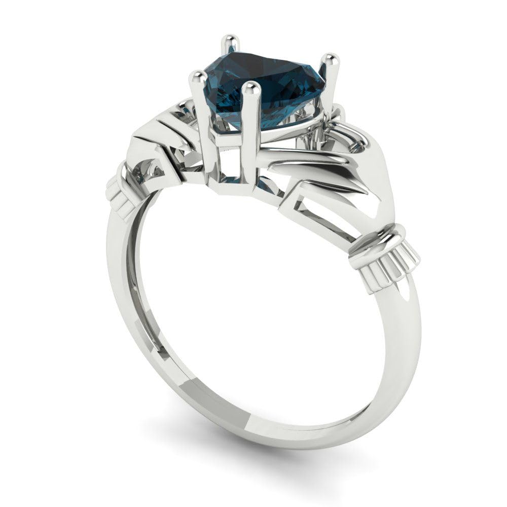 Clara Pucci 1.52ct Heart Cut Irish Celtic Claddagh Solitaire Natural London Blue Topaz gemstone designer Modern Ring 14k White Gold