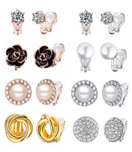 wremily 8 pairs clip earrings set for women rose flower cz simulated pearl gold knot clip earrings with rubber pads non pierced hypoallergenic clip on earrings jewelry