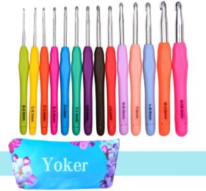 yoker 14 sizes crochet hooks set,2mm(b)-10mm(n) ergonomic crochet needles with case soft grip handles yarn for arthritic hands, extra long crochet needles kit (14 sizes crochet hooks set)