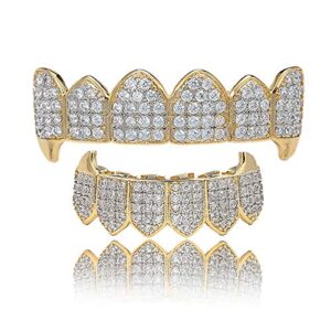 lkv 14k plated gold grillz for men and women gold grills teeth all iced out cz top and bottom vampire mouth grill with extra molding bars(gold, top and bottom)