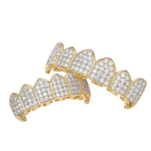 LKV 14K Plated Gold Grillz for Men and Women Gold Grills Teeth All Iced Out CZ Top and Bottom Vampire Mouth Grill with Extra Molding Bars(Gold, Top and Bottom)