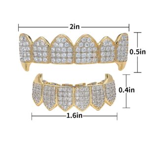 LKV 14K Plated Gold Grillz for Men and Women Gold Grills Teeth All Iced Out CZ Top and Bottom Vampire Mouth Grill with Extra Molding Bars(Gold, Top and Bottom)