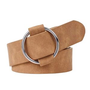 xzqtive women leather belt no pin circle buckle fashion waist belt for jean dress brown round buckle 105cm