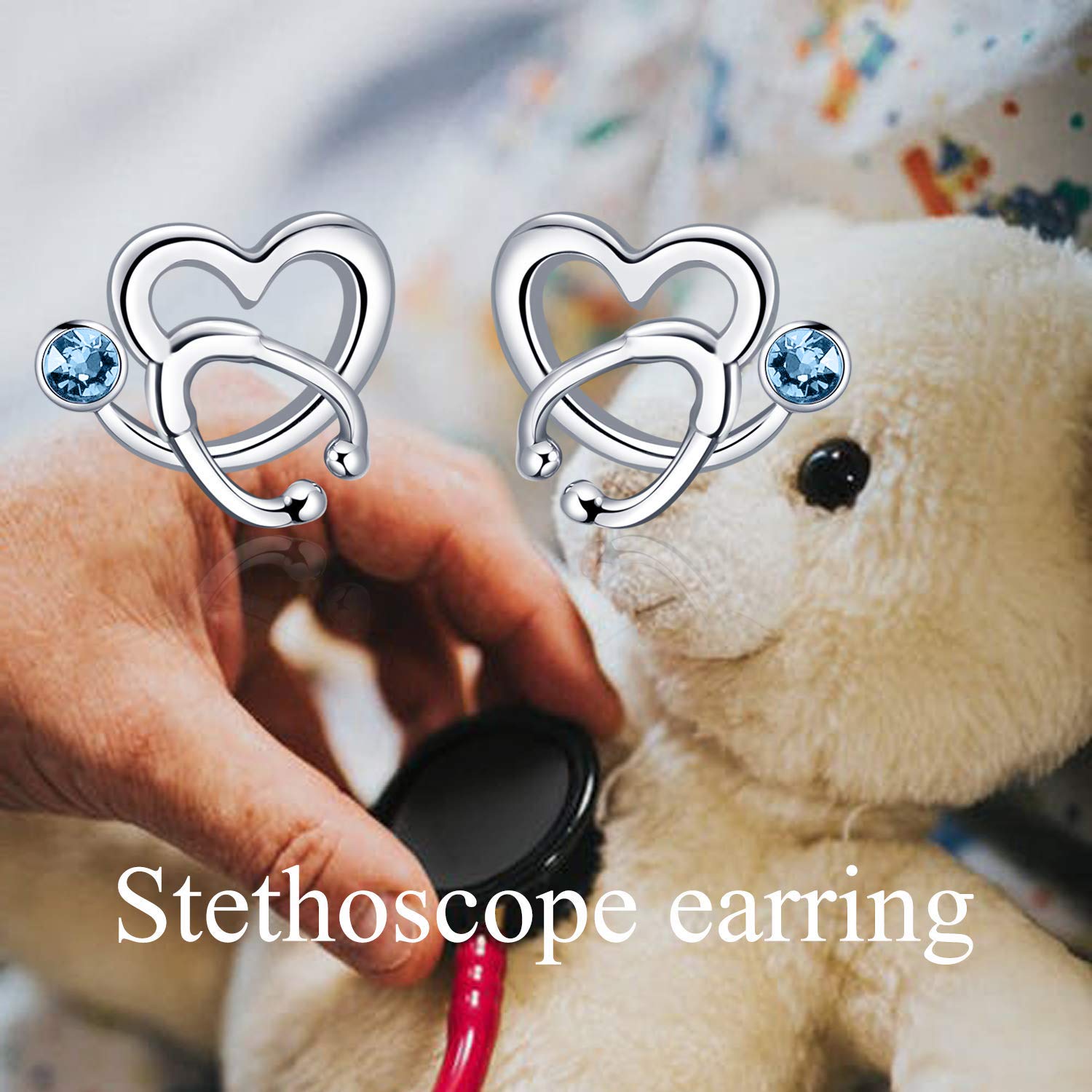 AOBOCO Nurse Earrings Sterling Silver Stethoscope Earrings Simulated Birthstone Studs Earrings with Swarovski Crystal,Fine Jewelry Gifts For Nurse Doctor RN Medical Student