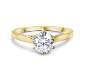 buy jewels 10k solid gold 6 prong round moissanite solitaire engagement ring for women 1ct dew g-h color vvs1 quality (yellow gold, 6)