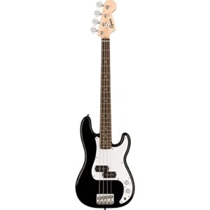 squier by fender mini precision short scale bass guitar with 2-year warranty, laurel fingerboard, sealed die-cast tuning machines, and split single-coil pickup, maple neck, black