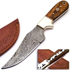 rare custom damascus full tang bushcraft skinning knife hunting knife | best quality outdoor knife camping knife | cow horn handle with free genuine leather sheath (s-74)