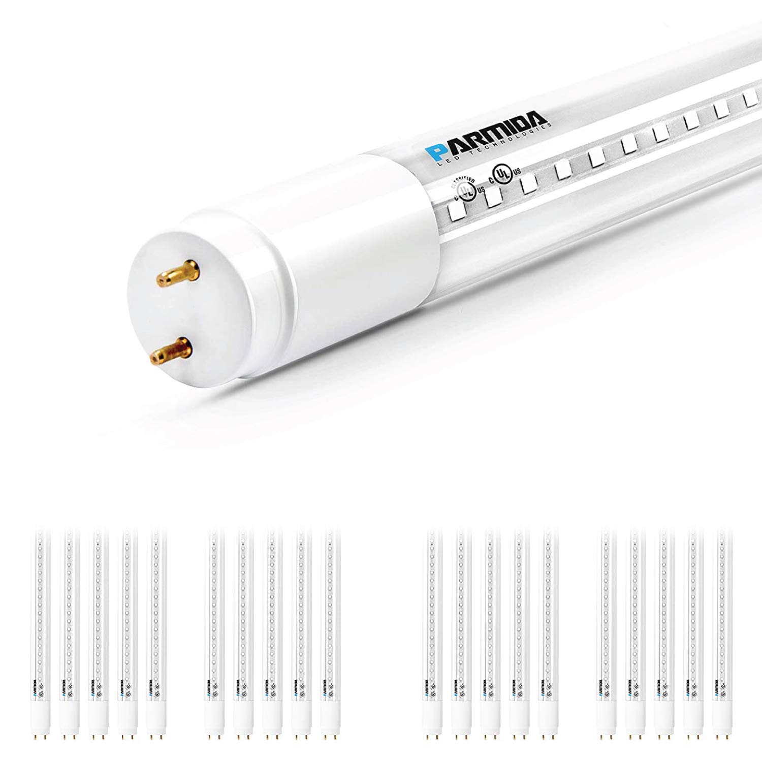 PARMIDA 20-Pack LED T8 Hybrid Type A+B Light Tube, 4FT, 18W (40W Replacement), Clear Cover, Single-End OR Dual-End Powered, 6000K (Bright White), 2200lm, Works with/without Ballast, UL