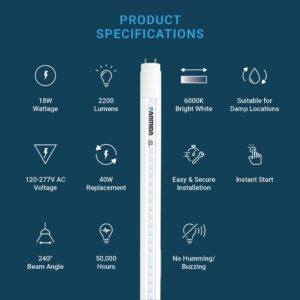 PARMIDA 20-Pack LED T8 Hybrid Type A+B Light Tube, 4FT, 18W (40W Replacement), Clear Cover, Single-End OR Dual-End Powered, 6000K (Bright White), 2200lm, Works with/without Ballast, UL