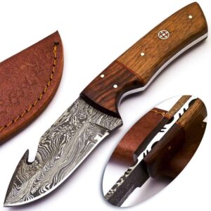 rare custom damascus fuller gut hook knife skinning knife hunting knife |outdoor knife camping knife | color wood handle with free genuine leather sheath (s-76)