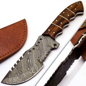 rare custom blood grooved damascus tracker survival knife skinning knife hunting knife outdoor knife camping knife | full tang handle with free genuine leather sheath (tr-80)