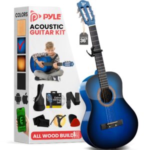 pyle beginner acoustic guitar kit, 3/4 junior size all wood build nylon string instrument with capo, gig bag, strap, extra string set, guitars for beginners adults and youth, 36" blue burst gloss