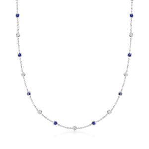 ross-simons 2.30 ct. t.w. cz and 2.00 ct. t.w. simulated sapphire station necklace in sterling silver. 16 inches