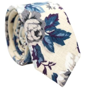 belluno floral skinny tie for men, slim flower tie for wedding, activities, gift box-beige blue