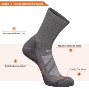 Heatuff Men's 6 Pack Hiking Crew Socks Athletic Cushion Outdoor Trekking Sock Reinforced Heel and Toe