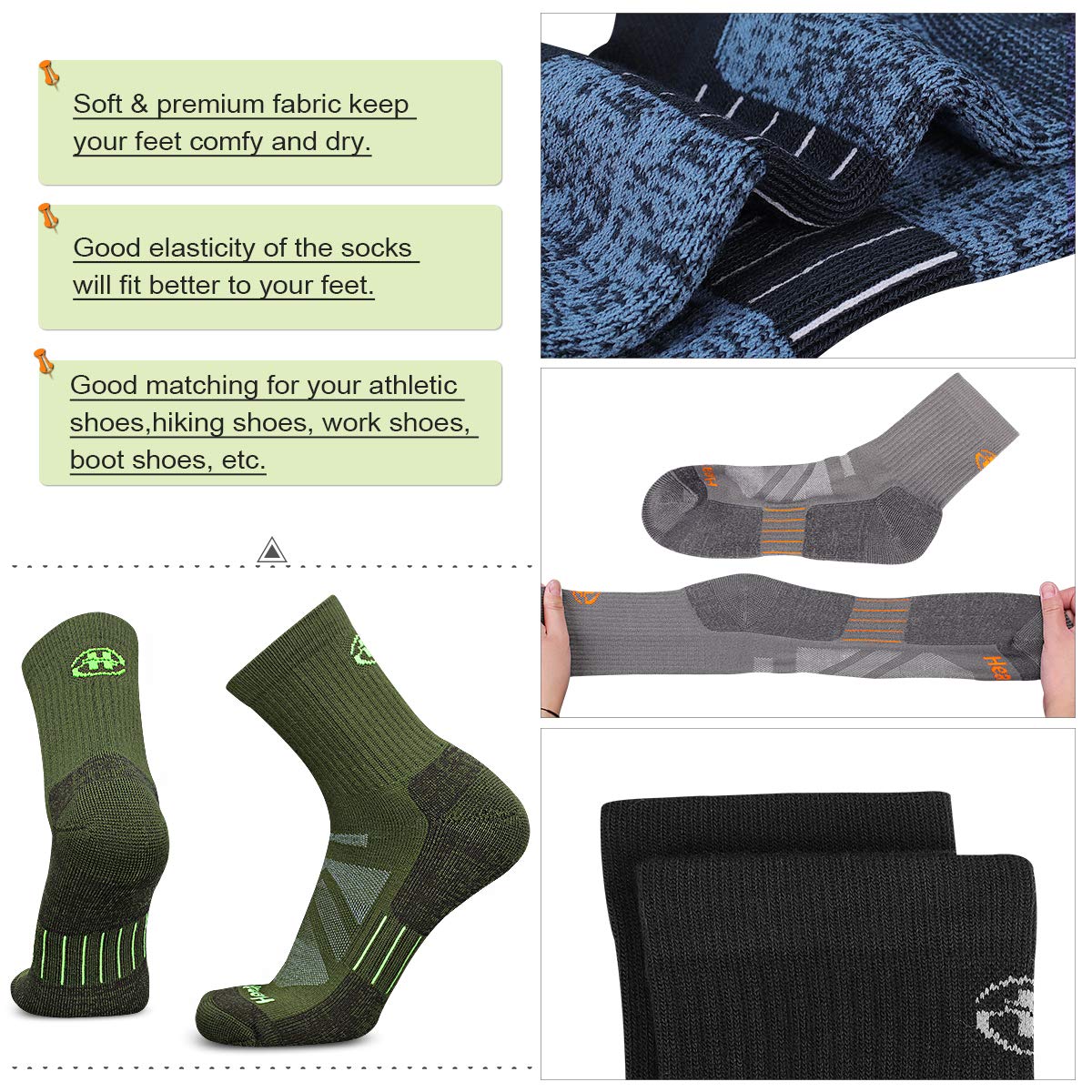 Heatuff Men's 6 Pack Hiking Crew Socks Athletic Cushion Outdoor Trekking Sock Reinforced Heel and Toe