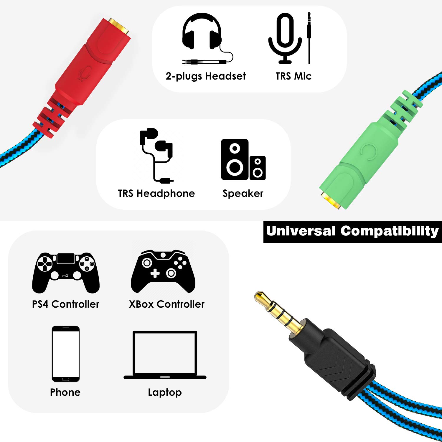 MillSO Headphone Splitter Adapter, 3.5mm Audio + Mic 4 Pole TRRS Splitter (3.5mm Male to 2X 3.5mm Female) Jack Y Cable Compatible for Gaming Headset to PS4, Xbox One, Phone, Laptop CTIA - 8inch/20CM