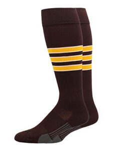 madsportsstuff dugout 3 stripe baseball socks (brown/gold/white, medium)