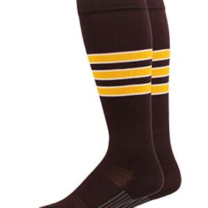 MadSportsStuff Dugout 3 Stripe Baseball Socks (Brown/Gold/White, Medium)